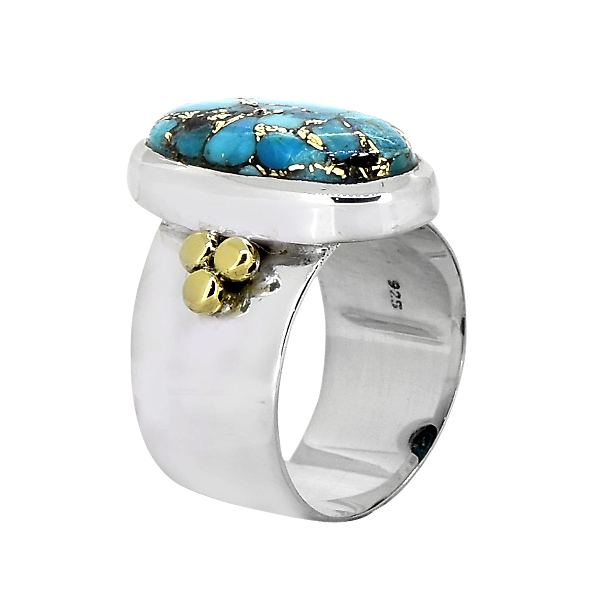 YoTreasure Blue Copper Turquoise Bold Ring .925 Sterling Silver with Brass Accents