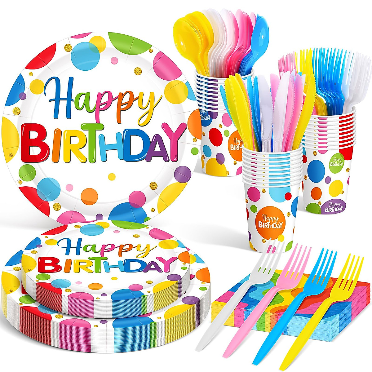 Meanplan Serves 24 Guests Happy Birthday Plates and Napkins Rainbow Polka Dot Birthday Tableware Set Rainbow Dot Birthday Party Decorations for Kids Included Cups Knives Forks Spoons Total 168 Pcs