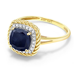 Gem Stone King 10K Yellow Gold Gemstone Birthstone and White Diamond Engagement Ring | Cushion 7MM | Wedding Engagement Anniversary Promise Gold Ring For Women