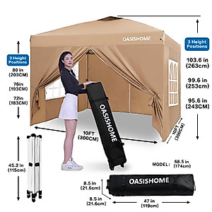 OASISHOME Pop-up Gazebo Instant Canopy Tent 10'x10', with 4 Sidewalls, Windows, Wheeled Bag, for Patio/Outdoor/Wedding Parties and Events (10FTx10FT, Khaki)