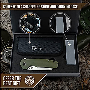 Holtzman's Gorilla Survival Folding Knife D2 Steel Blade G10 Tactical Handle Pocket Folding Knife EDC Giftset for Men (Silver and Green)