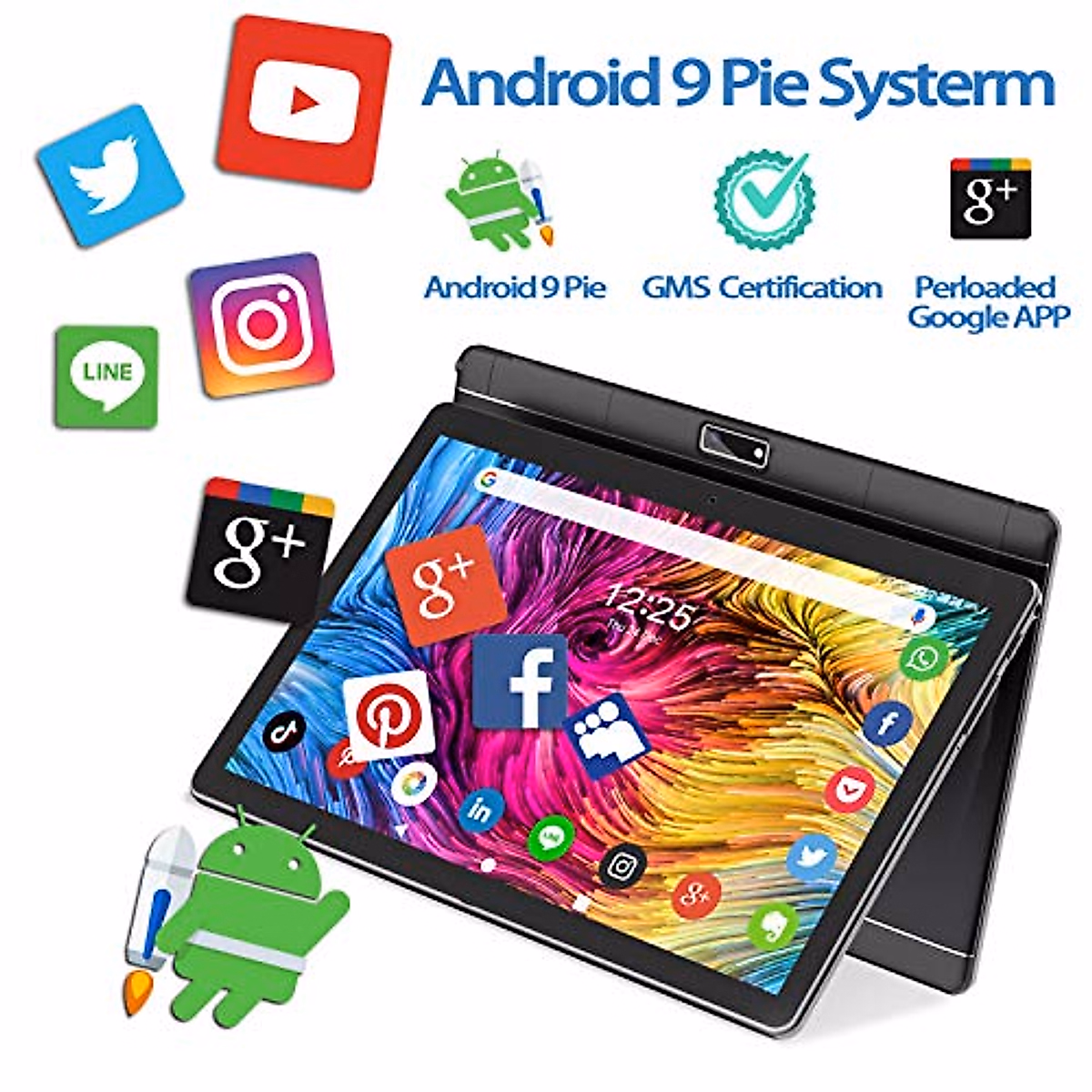 Tablet 10 Inch Android 9 HD Dual Sim Tablets with Quad Core, 32GB ROM /128 GB Expand, 3G Phone Call, WiFi, Bluetooth, Dual Camera, GPS, IPS Touchscreen, GMS Google Certified Tablet PC, (Black)