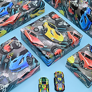 NARCSCHICHU 6 Sheets Racing Car Wrapping Paper - Boys Birthday Gift Wrapping Paper for Kids Bday Baby Shower Racing Theme Party - 20 X 28 Inches Per Sheet