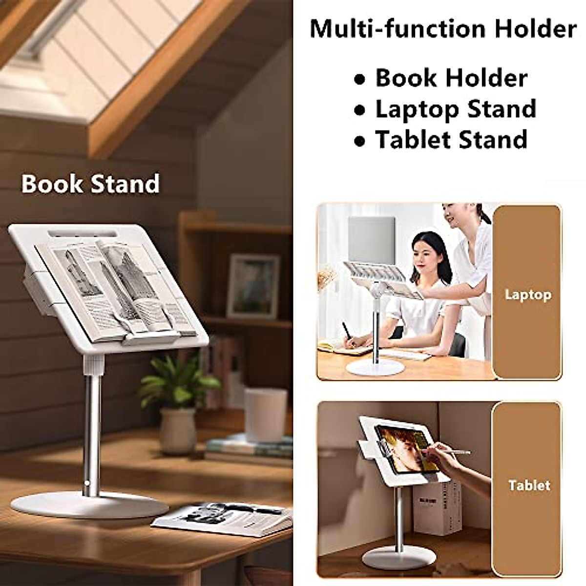 SOARCHICK 360° Rotating Laptop Tablet Book Holder Stand for Reading Upright Book Holder with Page Clips for Cookbook Sheet Music Angle Height Adjustable Lap Desk Hands Free for Office Kitchen School