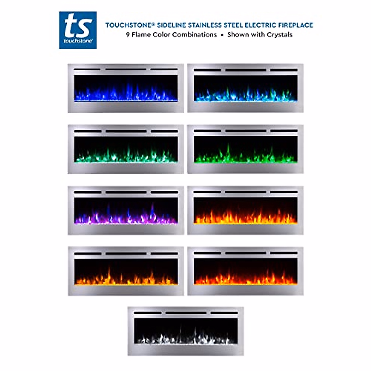 The Sideline Deluxe™ by Touchstone - Stainless Steel Electric Fireplace - 50 Inch Wide - in Wall Recessed - 5 Flame Settings - Multiple Color Flame - 1500W Heater - Log & Crystal Hearth Options- 86273