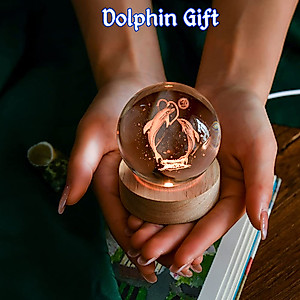 IFOLAINA Dolphin Gift 3D Dolphins Figurines in Crystal Ball 60mm Laser Engraved Glass Sphere Home Decor with Wooden Light Base