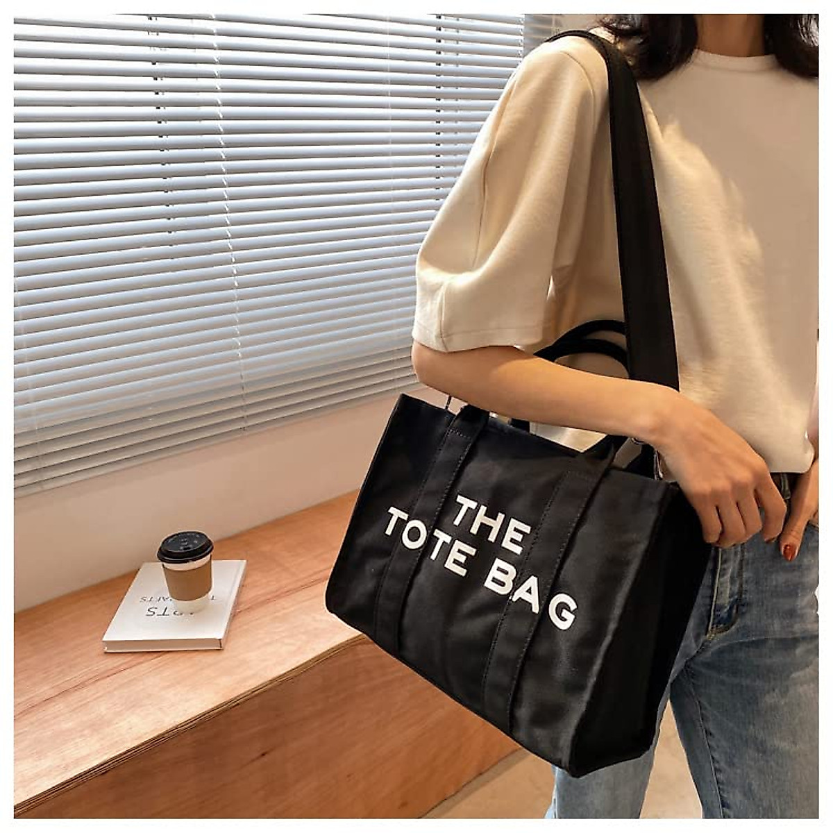 Canvas Tote Bags For Women,Handbag Shoulder Bag Tote Purse With Canvas Crossbody Bag For Office, Travel, School (black)