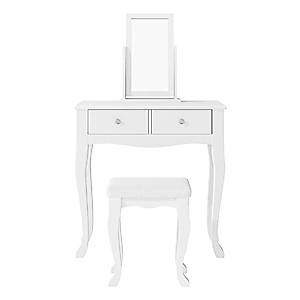 soges Makeup Vanity Table Set, 2-Drawer Dresser Desk, 360° Rotation Mirror, Cushioned Stool, Bedroom Dressing Table Set, White