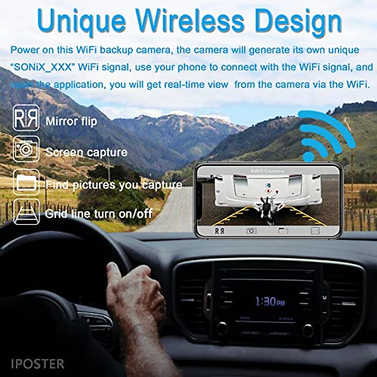 Magnetic Wireless Rechargeable Backup Camera - IPOSTER WiFi Backup Camera with Battery Night Vision Easy for Hitching Horse Gooseneck Boat Travel Trailer RV Fifth Wheels Camper for iPhone iPad Android