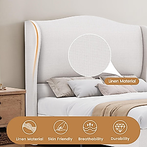HALLYBEE 51.4" H King Size Bed Frame with Headboard Lined Fabric Upholstered Platform Bed Frame Wingback Design Chic and Elegant Bed Frame No Box Spring Needed, Mattress Foundation, White