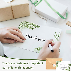 BYBOUS 50Pcs Funeral Sympathy Thank You Cards with Envelopes and Matching Seal Stickers, Green Leaf Cross Bereavement Card with Message for Memorial Service Loved Ones Celebration of Life