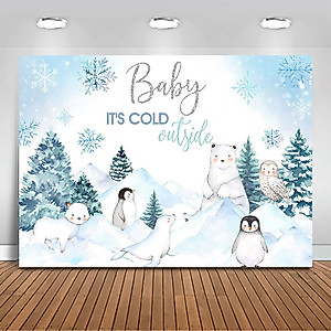 Mocsicka Baby It's Cold Outside Baby Shower Backdrop Arctic Animals Winter Woodland Baby Shower Party Decorations Snowflake Cute Polar Bear Penguin Photography Background (7x5ft)