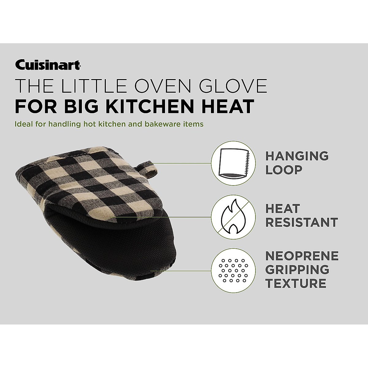 Cuisinart Buffalo Check Mini Oven Mitts - 2 Pack, Black and Ivory Plaid Design - Handle Hot Kitchen Items Safely - Non-Slip Grip Mini Oven Gloves with Insulated Pockets - 5.5 x 7.25 Inches