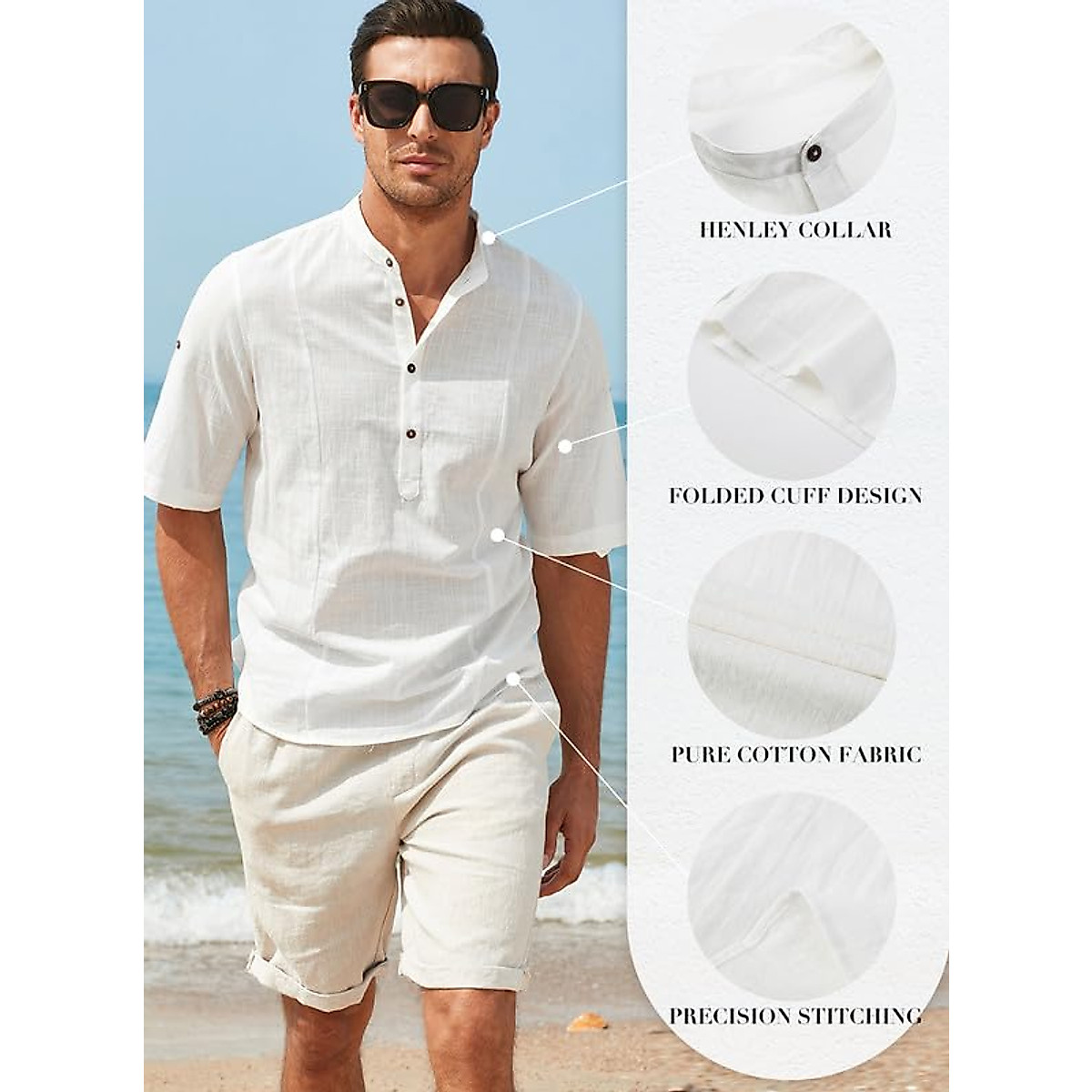 JMIERR Mens Casual Cotton Linen Texture Henley Shirt Short Sleeve Button Down Shirt Summer Beach Tropical Cruise Shirts US 43(L) White