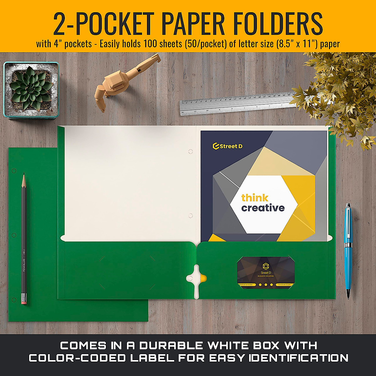 Two Pocket Portfolio Folders, 50-Pack, Green, Letter Size Paper Folders, by Better Office Products, 50 Pieces, Green