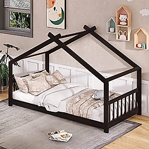 AOCOROE Wood House Bed Twin Bed Frame for Boys and Girls, Twin Size Playhouse-Design Montessori Floor Bed Platform Bed Frame,No Box-Spring Needed