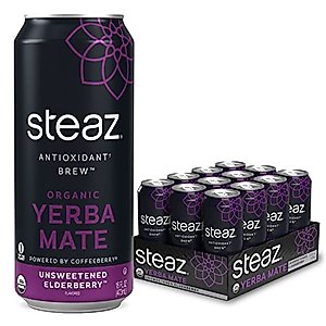 Steaz Antioxidant Brew Organic Yerba Mate Tea 16 oz. Pack of 12 (Unsweetened Elderberry)