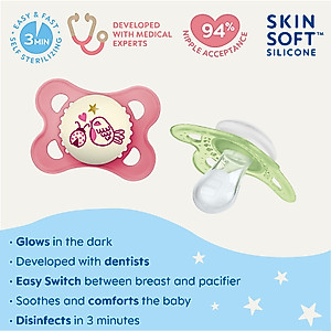MAM Night Pacifiers (2 Pack, 1 Sterilizing Pacifier Case), MAM Pacifiers 0-6 Months, Best Pacifier for Breastfed Babies, Glow in the Dark Pacifier, Baby Girl Pacifier