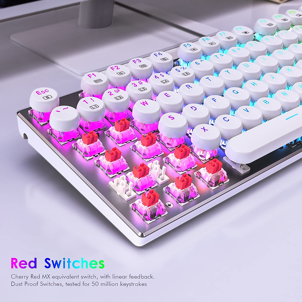 HUO JI E-Yooso Z-88 Mechanical Gaming Keyboard Typewriter Style USB Wired, Programmable RGB Backlit, White Switch, Macro Keys, Retro 104 Keys for Mac, PC, White