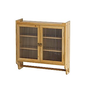 KIGFTSOD 24.8" Bathroom Wall Cabinet with Glass Door, Three Tiers of Medicine Cabinet with 2 Door and Towel Rack for Bathroom, Kitchen, Dining Room, Original Wood Color
