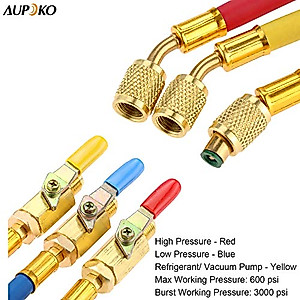 R134A R410A R22 R12 Charging Hoses and Ball Valve Set, 3 Pcs Color Coded Hoses/w Ball Valve 1/4" SAE Thread (7" Long) for AC HVAC Maintenance Kit and Air Condition Refrigeration Charging Tools
