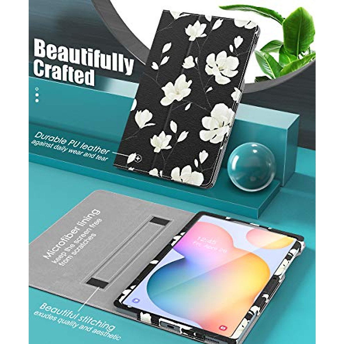 MoKo Case Compatible with Galaxy Tab S6 Lite 2020, Slim PU Tablet Shell Cover Stand Case with Auto-Wake S-Pen Holder Fit Samsung Galaxy Tab S6 Lite 10.4 2020 SM-P610/P615 ONLY - Black & White Magnolia