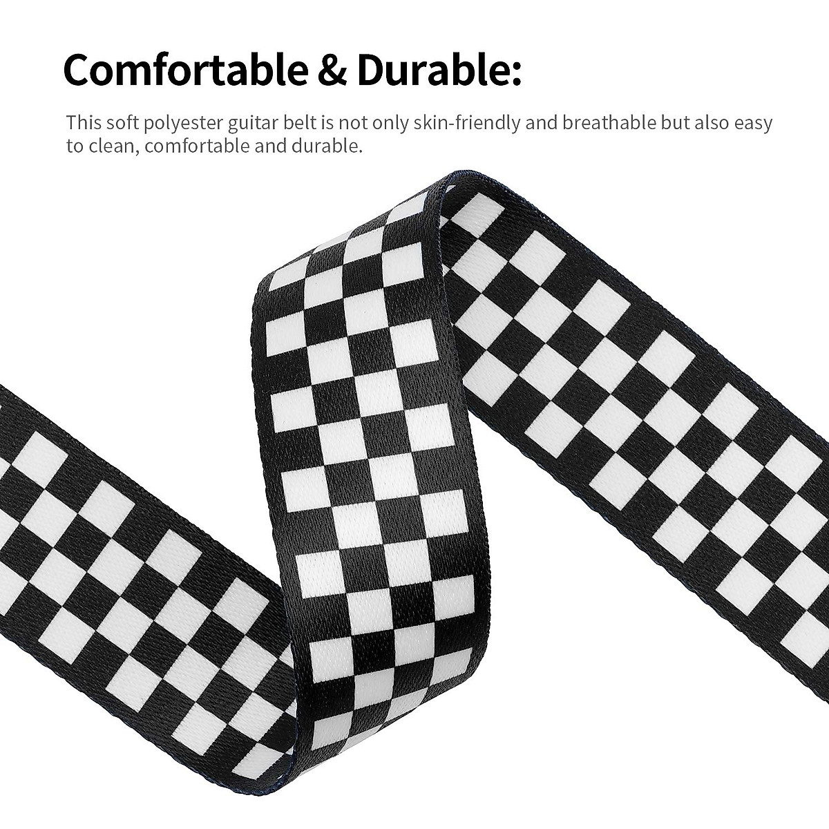 Guitar Strap, Bass Guitar Strap, Electric and Acoustic Guitar Straps - Durable Nylon Checkered Guitar Shoulder Strap with Leather Ends (Black and White Checkered)