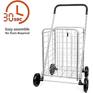 supenice Grocery Utility Shopping Cart - Deluxe Utility Cart with Oversized Basket and Tool Free Installation Light Weight Folding Cart with Wide Cushion Handle Bar for Laundry Book Luggage Travel