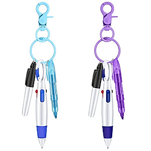 Sabary Mini Highlighter Nurse Pen Pack Set Nurse Pens for Badge Include Pink and Purple Tip Highlighter 2 Permanent Marker Pen and 2 Retractable Ball Pen with 2 Nursing Keychain Clip (Blue, Purple)