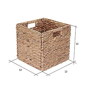 Villacera 12-Inch Square Handmade Wicker Storage Bin Foldable Basket made of Water Hyacinth | Set of 2