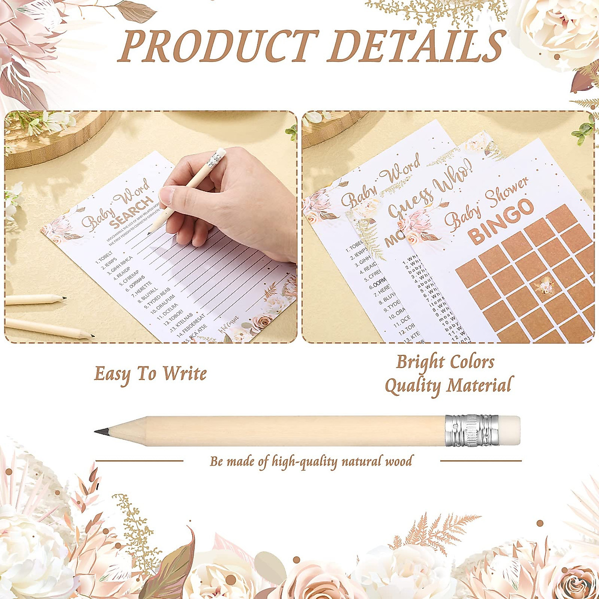 Yinder 145 Pcs Baby Shower Games Activities Cards with 20 Pencils Includes Baby Bingo Description and Wishes Guess Who Price is Right Word Scramble Game(Boho Pampas)