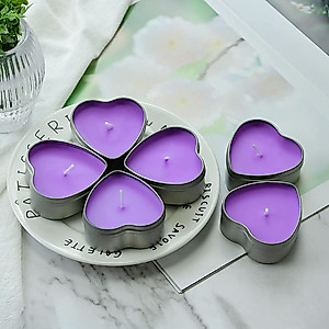 DEYBBY Large Heart Shaped Scented Tea Lights Candles, Smokeless Soywax —6 Hours Long Burning Lavender Purple Aromatherapy Candles for Relaxation, Spa and Bath (Pack of 6)