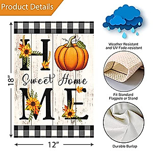 Louise Maelys Home Sweet Home Fall Garden Flag 12x18 Double Sided Vertical, Small Burlap Fall Farmhouse Rustic Buffalo Check Plaid Pumpkin Sunflower Garden Yard Flags Autumn Thanksgiving Outdoor Outside Home Decoration (ONLY FLAG)