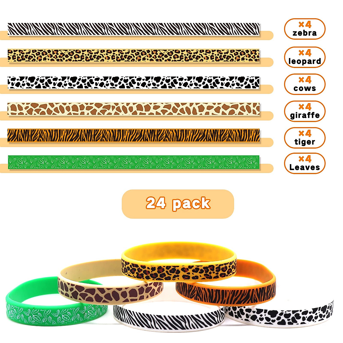 MagiRita Safari Animal Print Rubber Bracelets 24 Pack Leopard Cow Tiger Print Wristband Jungle Party Favors Zoo Wild Birthday Party Goodie Gifts Bags Decor for Shower Class Rewards
