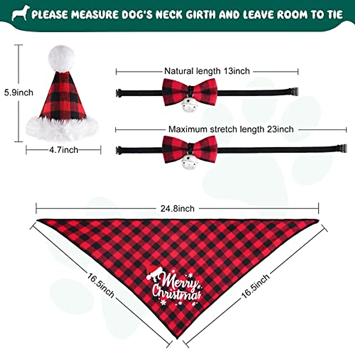 Christmas Dog Bandanas 3 Piece Dog Santa Hat Scarf Bow Tie Set Buffalo Plaid Bib Costume for Pet Christmas Outfit for Small Medium Dogs Cats