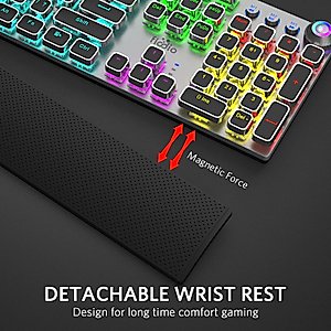 Fiodio Mechanical Gaming Keyboard, LED Rainbow Gaming Backlit, 104 Anti-ghosting Keys, Quick-Response Black Switches, Multimedia Control for PC and Desktop Computer, with Removable Hand Rest