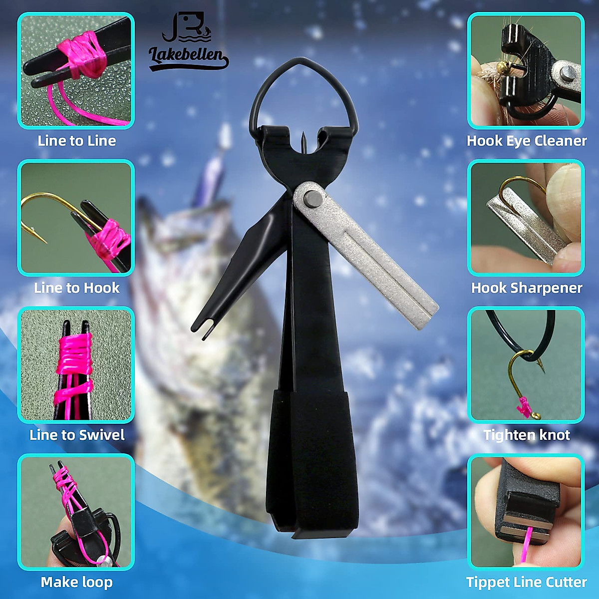 Lakebellen 4 in 1 Fly Line Clippers with Hook Sharpener File and Fishing Fast Knot Tyer with Split Rings Opener, Zinger Retractor, Magnetic Cap Clips, Upper Bait Aid Tools 4 pcs Combo for Anglers