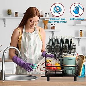 YGEOMER Large Dish Drying Rack, 2-Tier Dish Racks for Kitchen Counter, Detachable Dish Drainers with Utensil Holder, Kitchen Gadgets with Drainboard & Cup Holders, Black