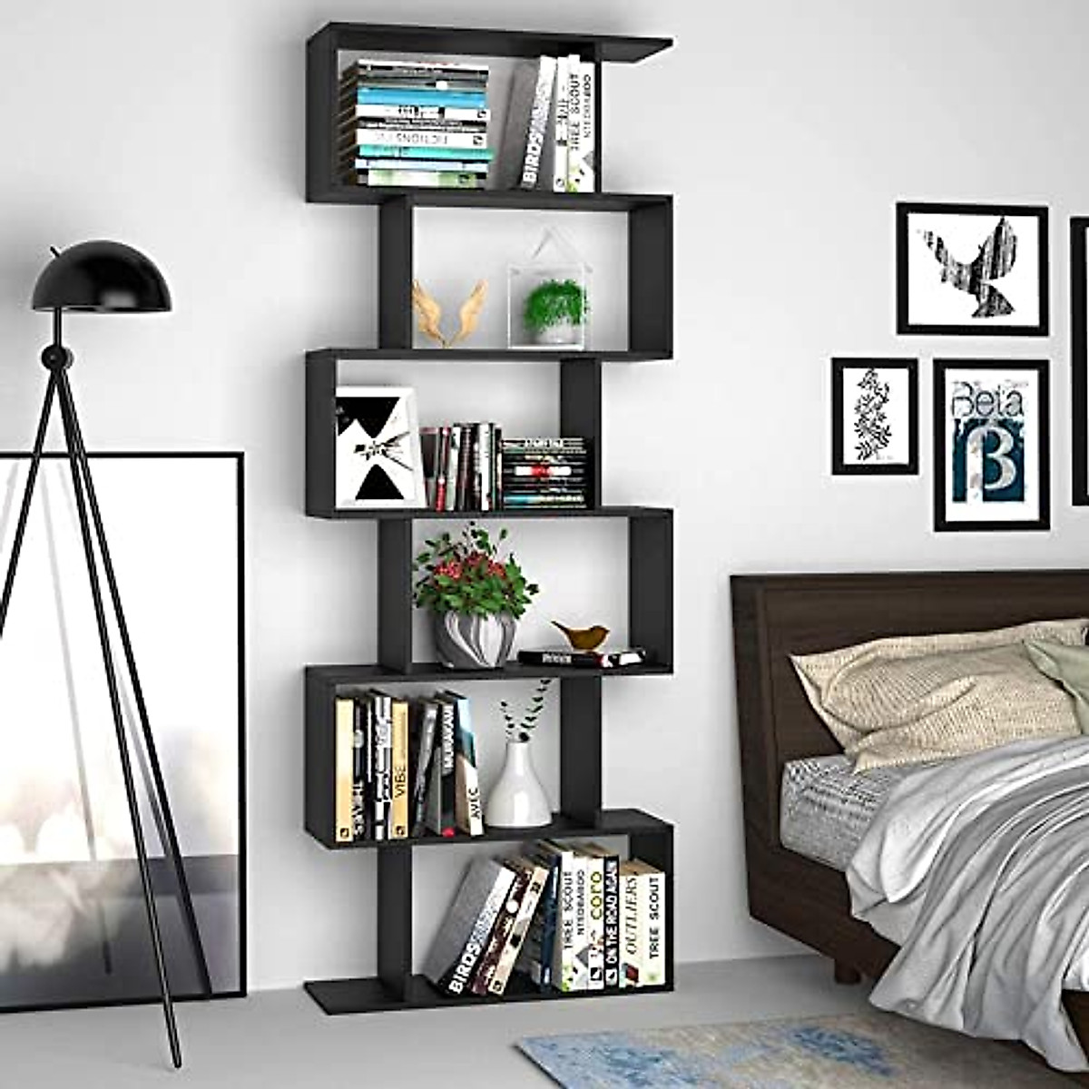 Function Home Geometric Bookcase Wood, S Shaped Bookshelf 6-Tier, Modern Freestanding Multifunctional Decorative Storage Shelving Display Shelves, Black Book Shelf Tall Narrow for Bedroom Living Room