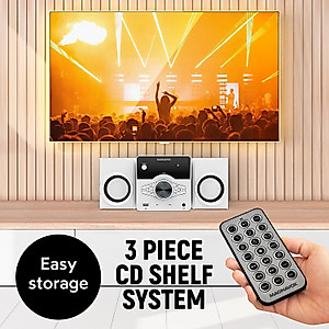 Magnavox MM442 3-Piece Top Loading CD Shelf System with Digital PLL FM Stereo Radio, Bluetooth Wireless Technology, and Remote Control in Black | Blue Lights | LED Display (White)