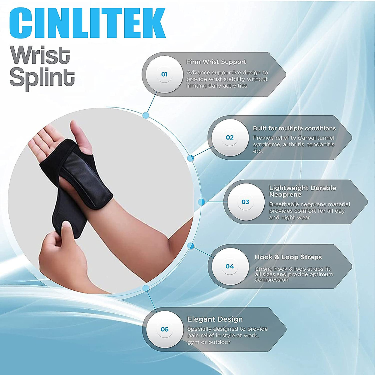 Cinlitek Carpal Tunnel Wrist Splint Support, Wrist Brace for Joint Pain Relief, Arthritis,Sprains, Tendonitis, Repetitive Strain Injury, Adjustable Hand Guard for Men and Women (One Size, Left)