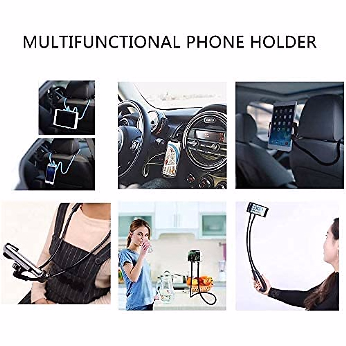 Lazy Cell Phone Mount Hanging on Neck, Airlxf Flexible Long Arms Stand Clip Holder Stand 360 Rotating DIY Free Rotating Multiple Functions for Desk Bed, Bike and Motorcycle (Black), 70cm