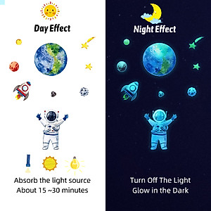Glow in The Dark Planet and Solar System Wall Stickers for Ceiling,Glow Space Galaxy Wall Stickers Astronaut Rocket Spacecraft Alien Wall Decals for Boys Toddler Kids Bedroom Wall Decor