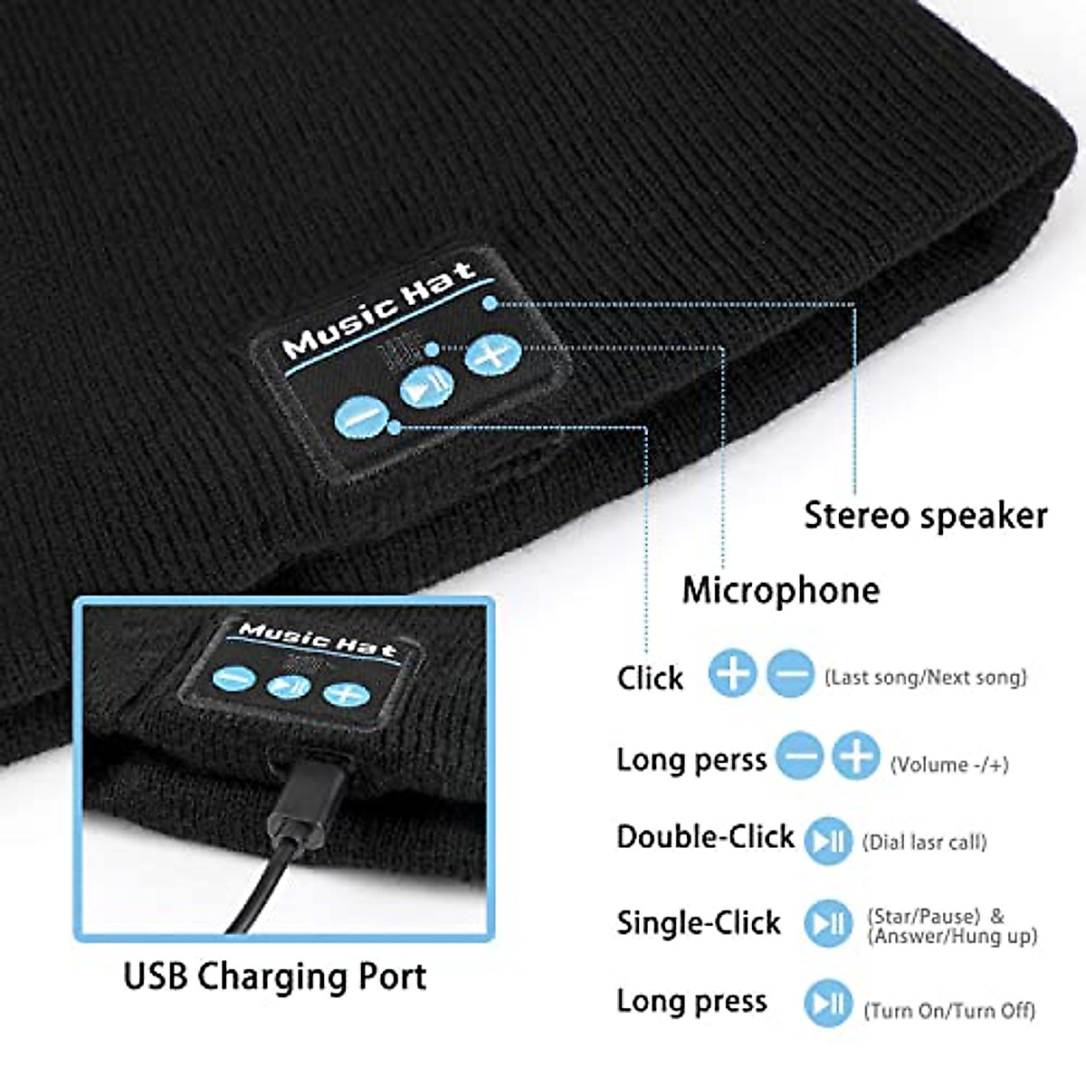 ZRUHIG Bluetooth Beanie,Stereo Knit Music Hat with Bluetooth V5.0 Wireless Hats Headphone Upgraded Unisex Knit Bluetooth Beanie Suitable for Outdoor Sports,Gift White