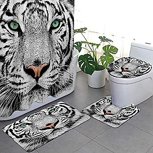 Black Tiger with Green Eyes Shower Curtain Sets with Non-Slip Rugs, Toilet Lid Cover and Bath Mat, Africa Animals Shower Curtains with 12 Hooks Durable Waterproof Bath Curtain