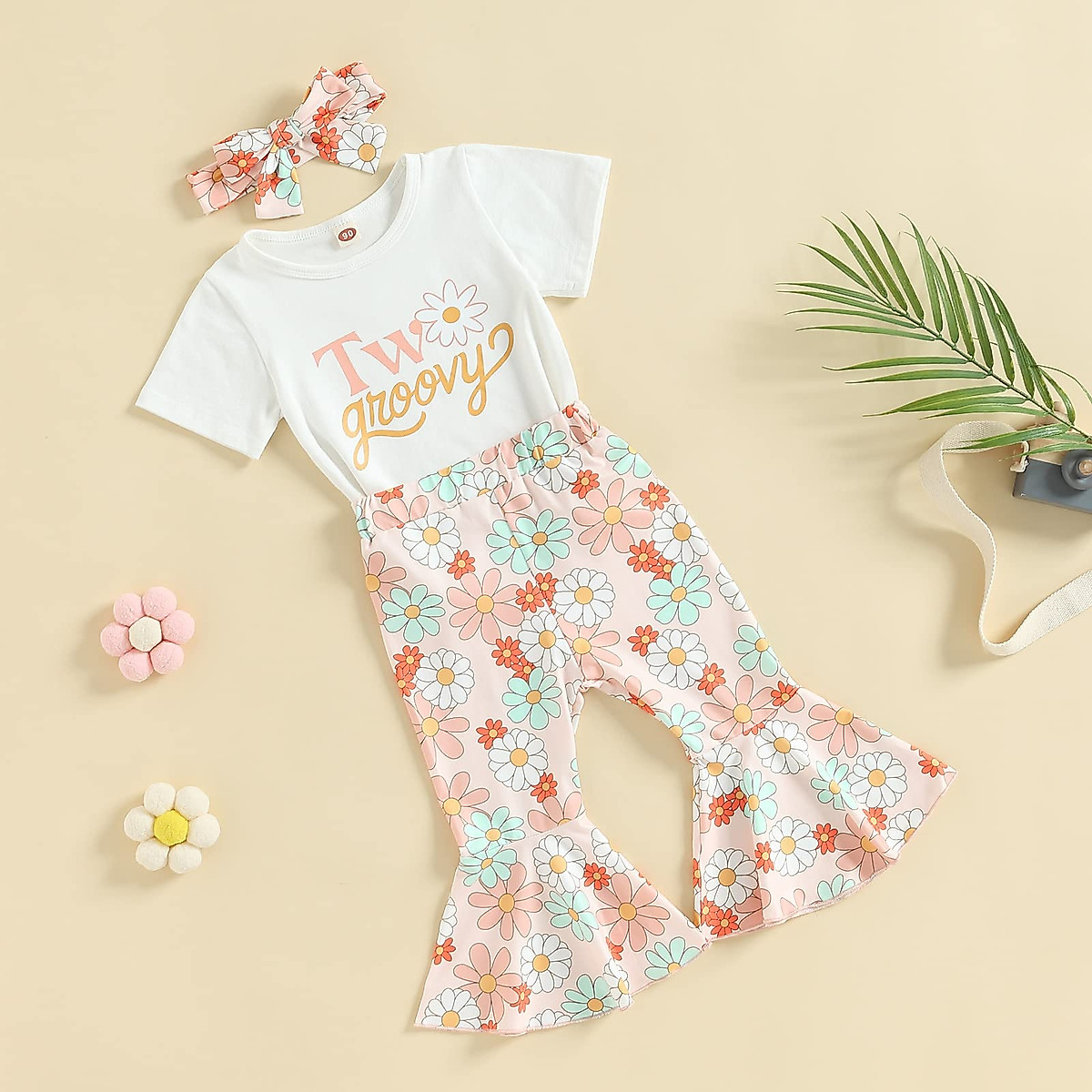 CHAUKAREAUL Toddler Baby Girl 2nd Birthday Outfit Short Sleeve Two Groovy Print Romper Floral Bell Bottom Pants 2 Year Old (White 2nd, 2-3 Years)