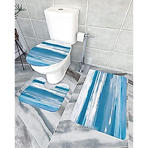 Fashion 3 Piece Bath Rugs Set Abstract Blue and Gray Art Textured Non Slip Ultra Soft Bathroom Accessories Mats, U Shape Mat and Toilet Lid Cover Mat Bath Mats