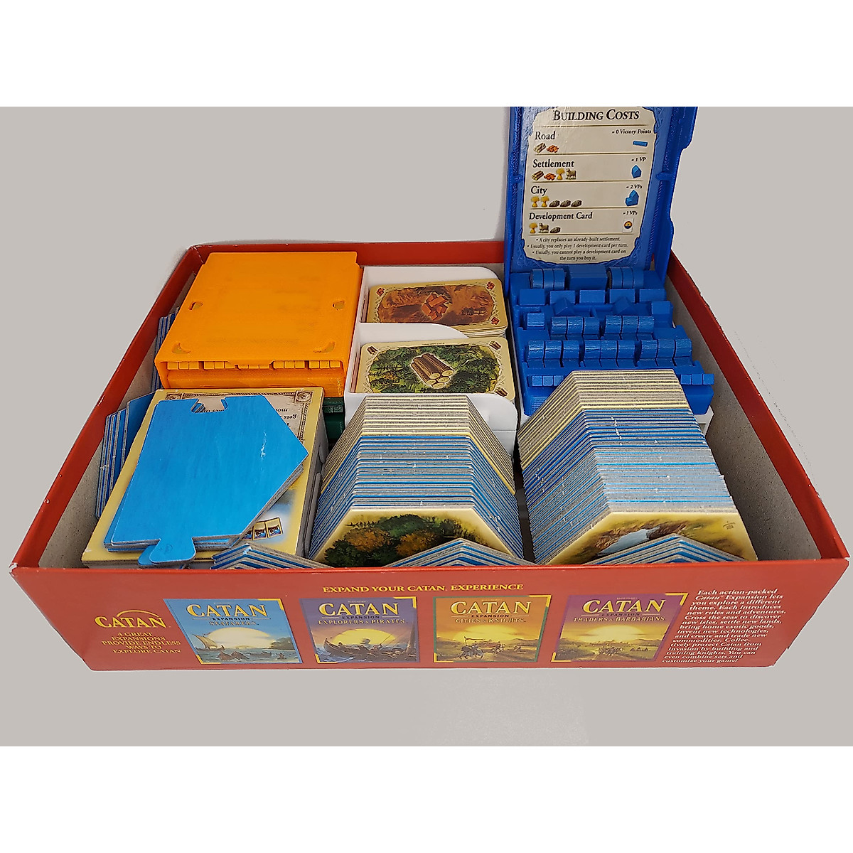 Organizer Insert Compatible with Catan Base Game, Seafarers, and Both 5-6 Player Extensions with Player Trays and Card Holder - White Hexes Holder/Card Tray