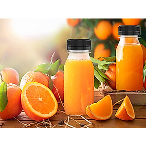 Hulless 6 Pcs 4 Ounce Plastic Juice Bottle Drink Containers Juicing Bottles with Black Lids, Suitable for Juice, Smoothies, Milk and Homemade Beverages, 120 mL