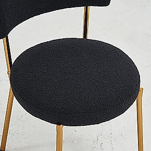 Dolonm Kitchen Dining Chairs Set of 2, Teddy Fabric Upholstered, Bouclé and Sherpa Chair, Curved Back Kitchen Chair, Metal Frame Side Table Chair, Black with Gold Legs (Set of 2)